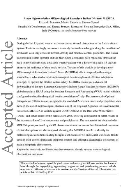 Pdf A New High‐resolution Meteorological Reanalysis Italian Dataset Merida