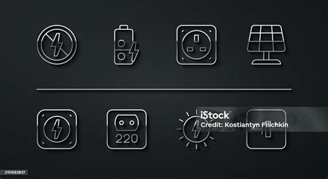 설정 라인 번개 번개 태양 에너지 패널 전기 콘센트 배터리 충전 Dc 전압 소스 및 아이콘 없음 벡터 0명에 대한 스톡 벡터 아트 및 기타 이미지 Istock