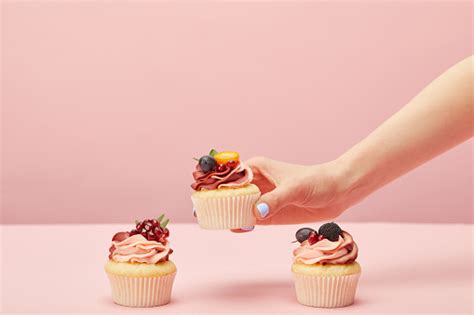 핑크에 고립 된 과일과 열매가 있는 달콤한 컵 케이크가 있는 여자의 자른 보기 컵케이크에 대한 스톡 사진 및 기타 이미지 컵케이크 인간 손 달콤한 음식 Istock