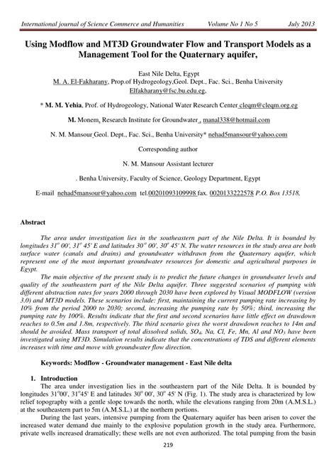 Pdf Using Modflow And Mt3d Groundwater Flow And Transport Models As A Management Tool Forthe