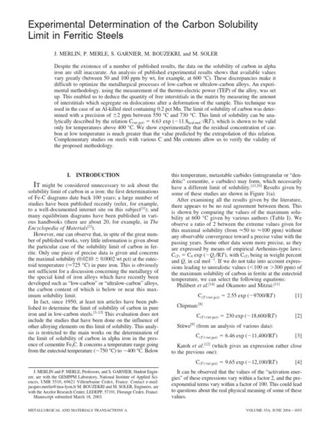 Experimental Determination Of The Carbon Solubility Limit In Ferritic Steel Pdf Alloy Steel