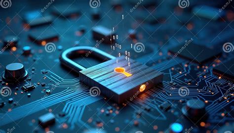 Dark Blue Tech Background Shows Metal Digital Padlock Binary Code