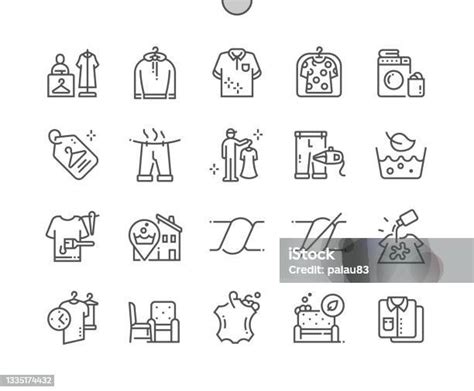 드라이 클리닝 깨끗한 셔츠 얼룩 처리 의류 수리 픽셀 완벽한 벡터 얇은 선 아이콘 간단한 최소 그림 걸레에 대한 스톡 벡터 아트