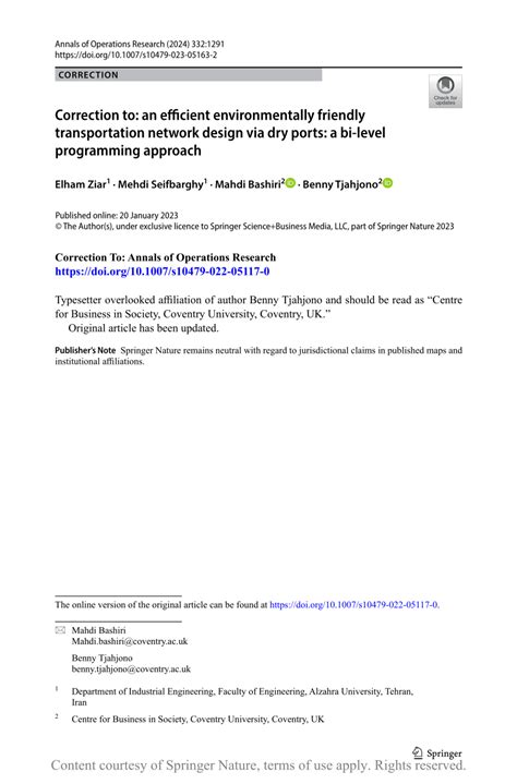 Correction To An Efficient Environmentally Friendly Transportation Network Design Via Dry Ports