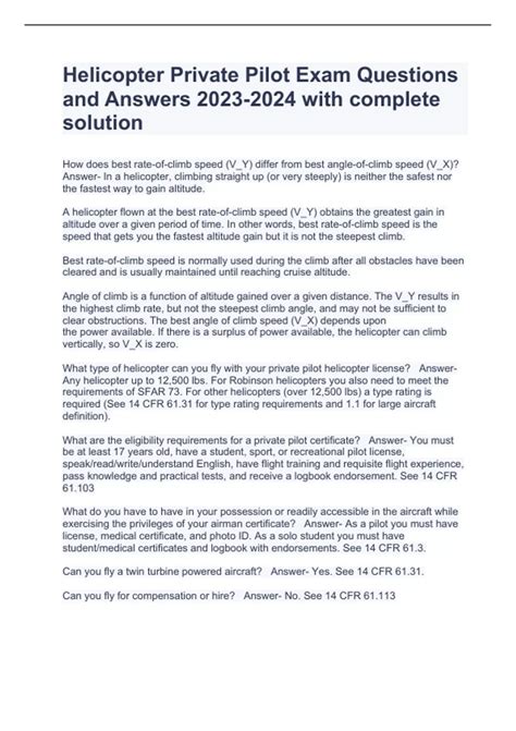 Helicopter Private Pilot Exam Questions And Answers With Complete Solution Helicopter Private