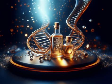 Glowing Amber Vials Sit On A Dark Circular Platform Encircled By A Spiraling Dna Structure