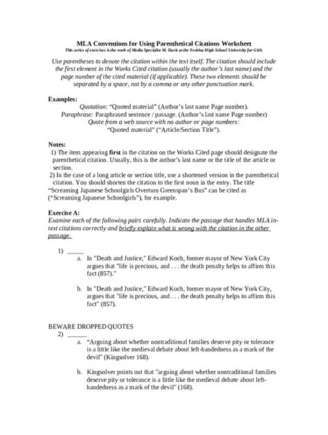 Exercises For Using MLA Parenthetical Citations Worksheet Doc Template PdfFiller