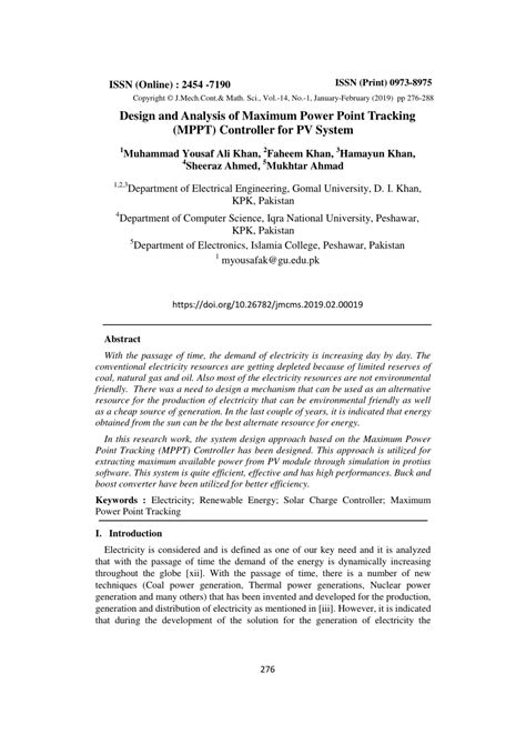 Pdf Design And Analysis Of Maximum Power Point Tracking Mppt Controller For Pv System