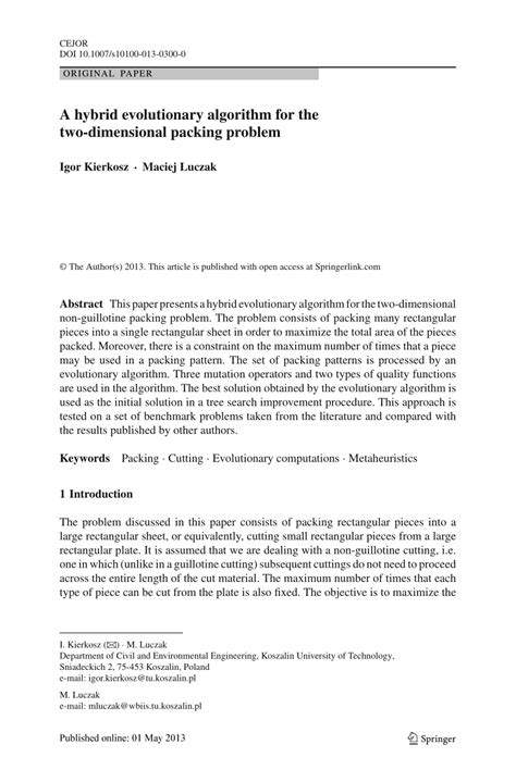 Pdf A Hybrid Evolutionary Algorithm For The Two Dimensional Packing