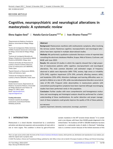 Pdf Cognitive Neuropsychiatric And Neurological Alterations In Mastocytosis A Systematic Review