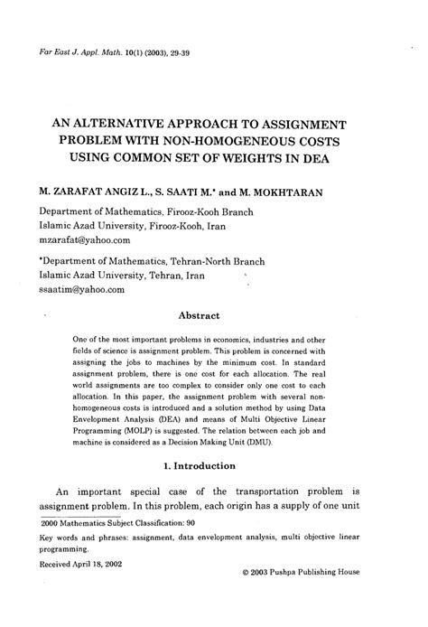Pdf An Alternative Approach To Assignment Problem With Non Homogeneous Cost Using Common Set