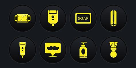 전기 헤어 클리퍼 또는 면도기 컬링 철 이발소 크림 로션 화장품 튜브 거품 면도날 남자 면도 브러시 및 핸드 미러 아이콘이있는 비누를 설정합니다 벡터 거울에 대한 스톡 벡터