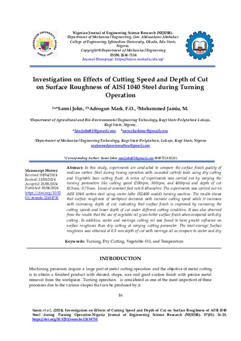 Pdf Investigation On Effects Of Cutting Speed And Depth Of Cut On Surface Roughness Of Aisi
