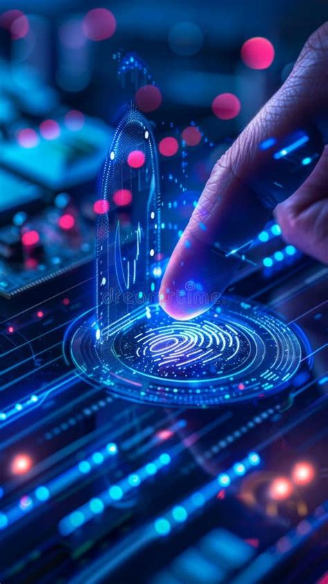 Finger Touching Digital Fingerprint Scanner On Glowing Virtual Keyboard
