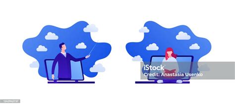 온라인 교육 및 비즈니스 교육 비디오 개념 벡터 플랫 사람 그림 집합입니다 노트북 화면에 포인터와 사업가 학생 여자는 컴퓨터에 책을 읽습니다 배너 인포그래픽 디자인 개념에