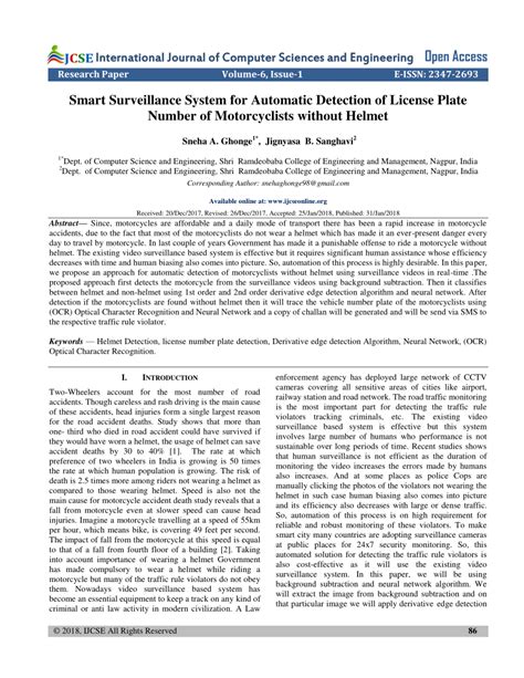 Pdf Smart Surveillance System For Automatic Detection Of License Plate Number Of Motorcyclists