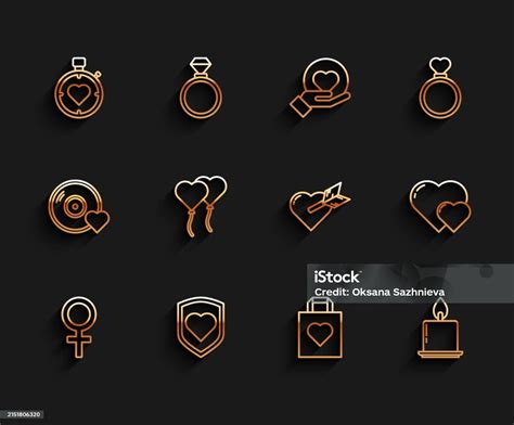 세트 라인 여성 성별 기호 방패가 있는 하트 중앙 스톱워치 쇼핑백 하트 불타는 촛불 풍선 형태 및 Amour 화살표 아이콘 벡터 검은색에 대한 스톡 벡터 아트 및 기타