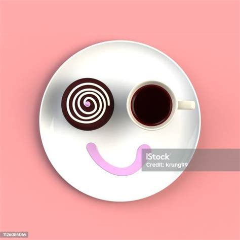 분홍색 배경 커피 개념 그림 3d 렌더링에 고립 된 미소의 형태로 케이크와 커피 한 잔의 상위 뷰 3차원 형태에 대한 스톡 사진