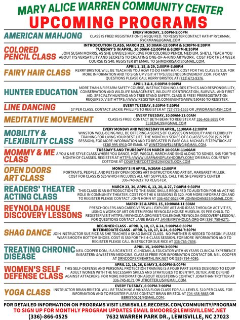 April Programs And Classes Announced Town Of Lewisville Nc