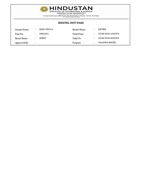 Hostel Gate Pass Pdf