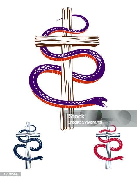 크로스 빈티지 문신에 뱀 뱀이 기독교 십자가를 감싸 하나님과 악마 비유 선과 악 사이의 투쟁 상징적 벡터 일러스트 레이 션 상징