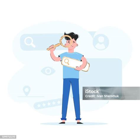 완전히 성장하는 사람은 돋보기를 가지고 있습니다 트렌드 그림 앱 프리젠 테이션 및 웹 사이트에 적합합니다 개념에 대한 스톡 벡터