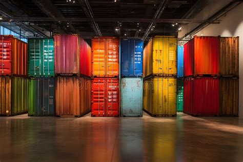 A Front Facing View Of Stacked Colorful Shipping Containers Arranged In A Grid Like Pattern