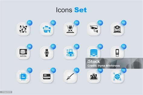 삼각형 손목 시계 미래형 무기 프로세서 Cpu 블록체인 기술 비트코인 Usb 플래시 드라이브 의료용 알약 바이오해킹 및 사이버 보안 아이콘으로 느낌표를 설정합니다 벡터
