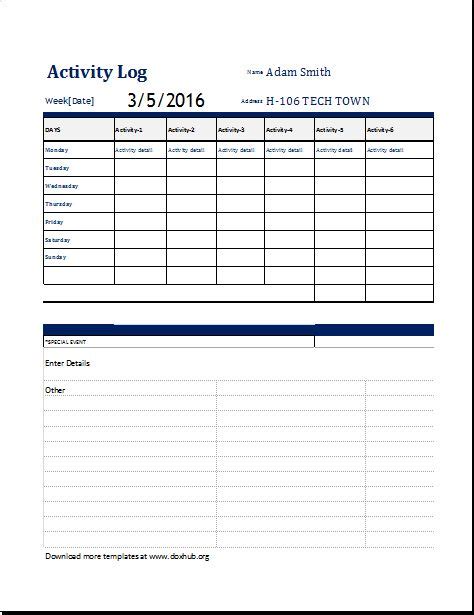 Activity Log Template For MS EXCEL And OpenOffice Document Hub Daily Activities Activities