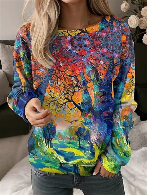 Crew Neck Abstract Print Sweatshirt Casual Style Curvedream