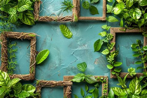 Creative Green Leaves And Wooden Frames Layout On Textured Blue