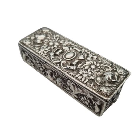 Antigua Caja Rectangular De Plata Relieve Floral Sello De Estrella De