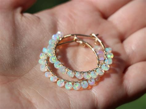 14k Solid Gold Ethiopian Opal Hoop Earrings Wire Wrapped Gemstone Etsy