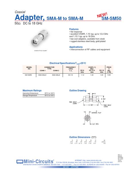Sm Sm50 Datasheet Pdf Adapter Sma M To Sma M 50w Dc To 18 Ghz Mini