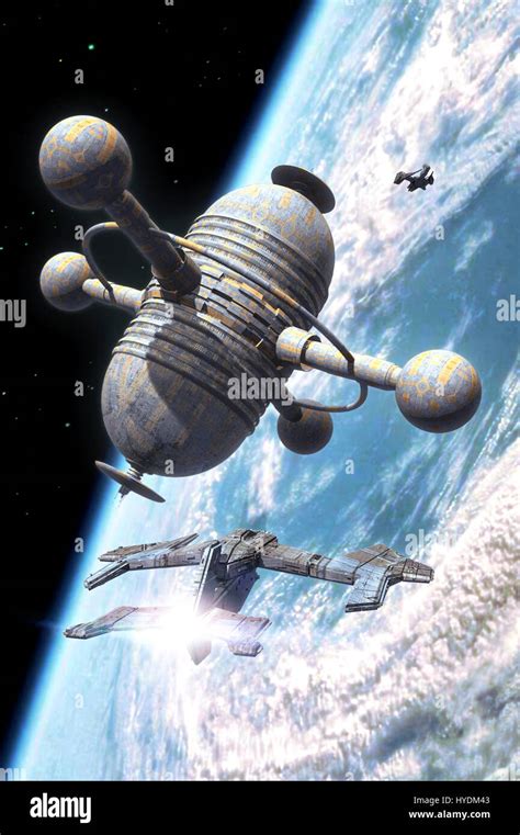 orbital space station 3d render science fiction illustration stock