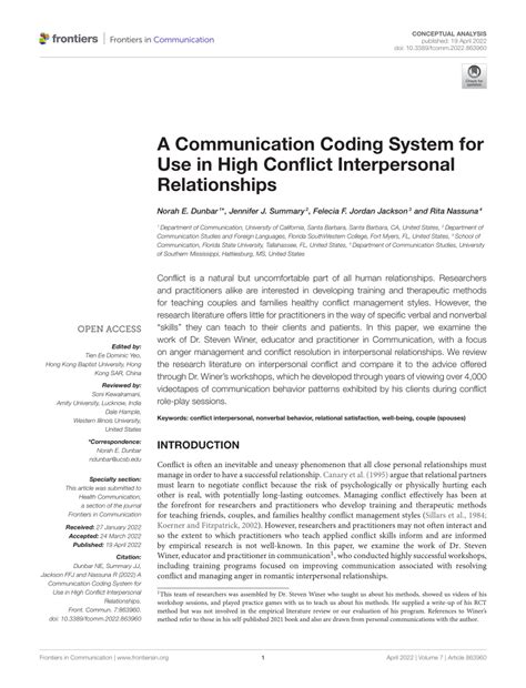 Pdf A Communication Coding System For Use In High Conflict Interpersonal Relationships