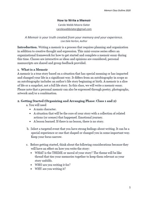 Memoir Class Outline 2 Pdf Memory Thought