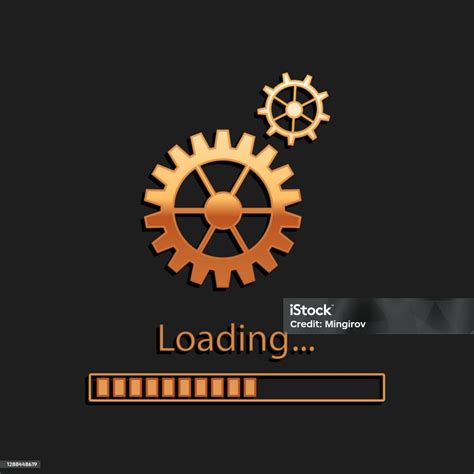 검은 색 배경에 격리 된 골드 로딩 및 기어 아이콘 진행률 표시줄 아이콘입니다 시스템 소프트웨어 업데이트 로딩 프로세스 기호입니다 긴 그림자 스타일 벡터 Crash Site