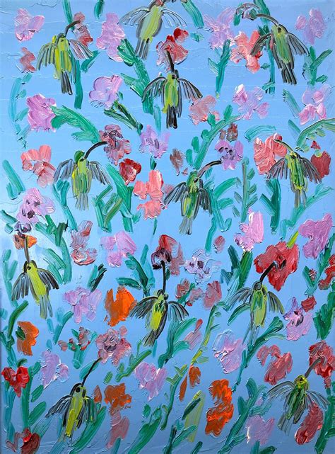 Hunt Slonem Hummingbirds Bouganvilla Sky Blue Background Oil