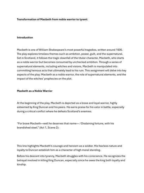 Transformation Of Macbeth From Noble Warrior To Tyrant Pdf