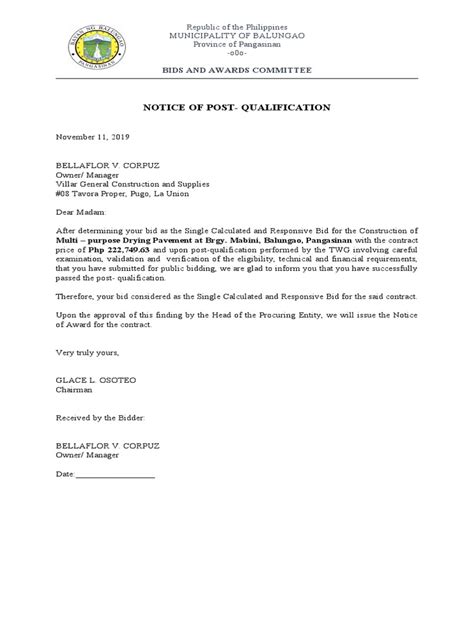 Notice Of Post Qualification Pdf