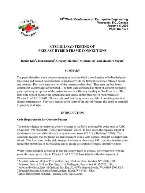 cyclic load testing of precast hybrid frame connections 13 world conference on earthquake