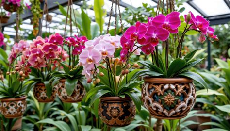Lush Orchids In Decorative Hanging Pots In A Tropical Indoor Garden