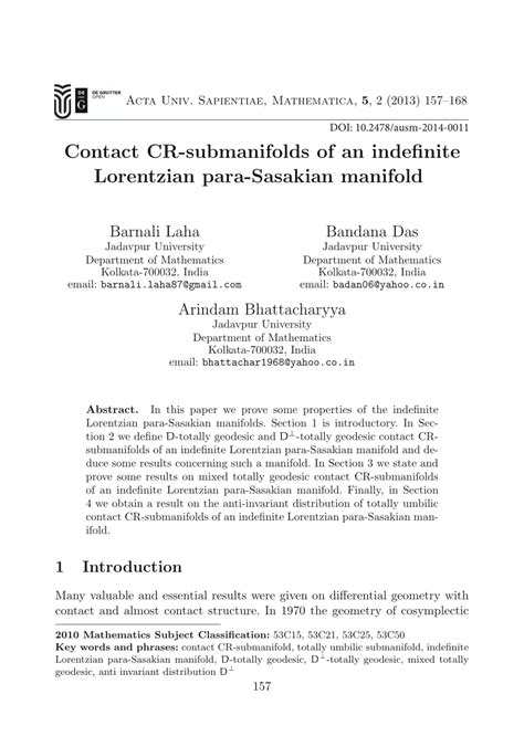 Pdf Contact Cr Submanifolds Of An Indefinite Lorentzian Para Sasakian Manifold