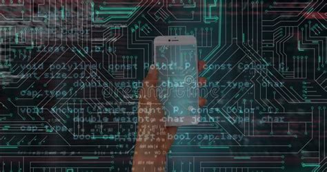 Animation Of Data Processing And Microprocessor Connections Over Hand Holding A Smartphone Stock