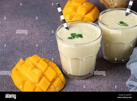 Mango Lassi In Glasses On Brown Background Freshness Indian Lassi Made