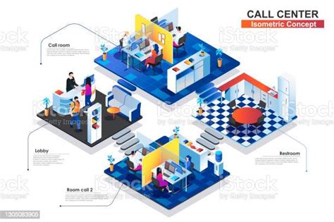콜 센터 내부 등대 개념 사람들 캐릭터는 로비 두 개의 콜룸 화장실에서 일합니다 사무실 핫라인 전화 비서 장면에서 고객 지원 벡터 플랫 일러스트레이션 콜 센터에 대한 스톡