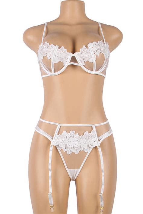 Plus Size White Captivating Sheer Mesh Bra Set Lingeriediva