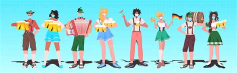 코로나바이러스 전염병을 방지하기 위해 마스크를 쓰고 있는 옥토버페스트 파티 친구들을 축하하는 전통 옷을 입은 사람들 10월에 대한 스톡 벡터 아트 및 기타 이미지 Istock