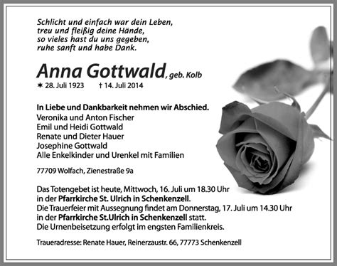 Traueranzeigen Von Anna Gottwald Schwarzwälder Bote Trauer